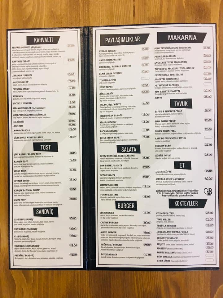 Menu at Mono Cafe & Bar, Gallipoli