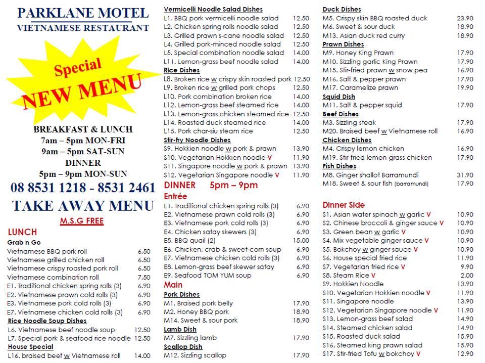 Menu at Parklane Motel & Restaurant, Murray Bridge