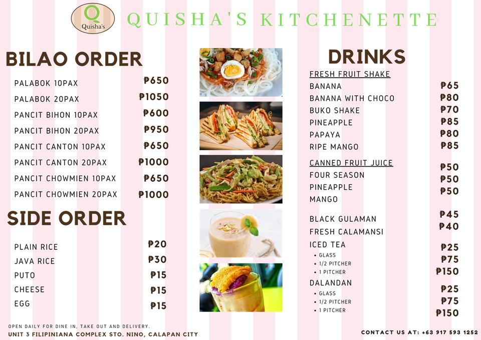 Menu at Quisha's Kitchenette restaurant, Calapan, C53M+JHP