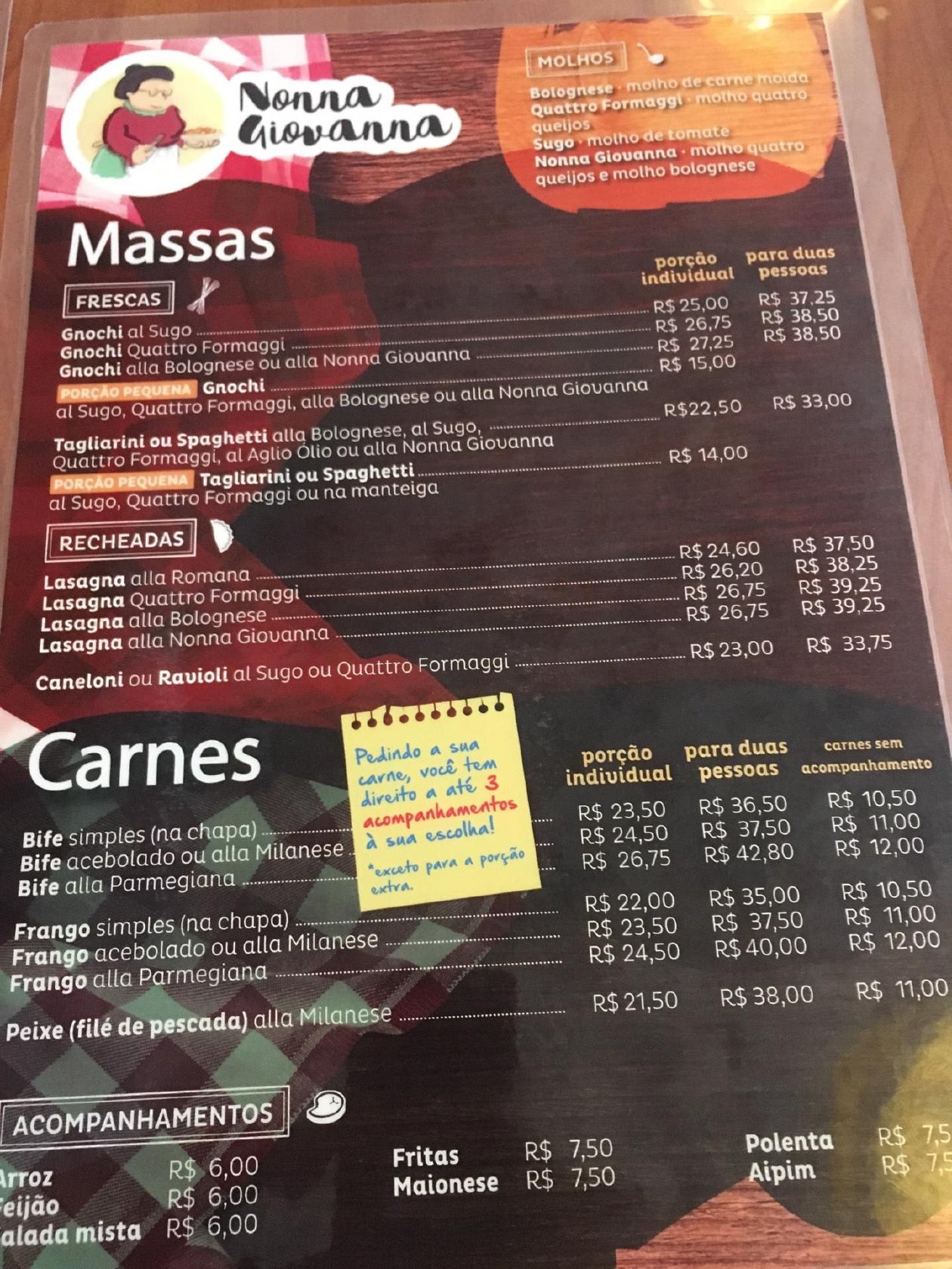 Carta de Restaurante Nonna Giovanna, Curitiba