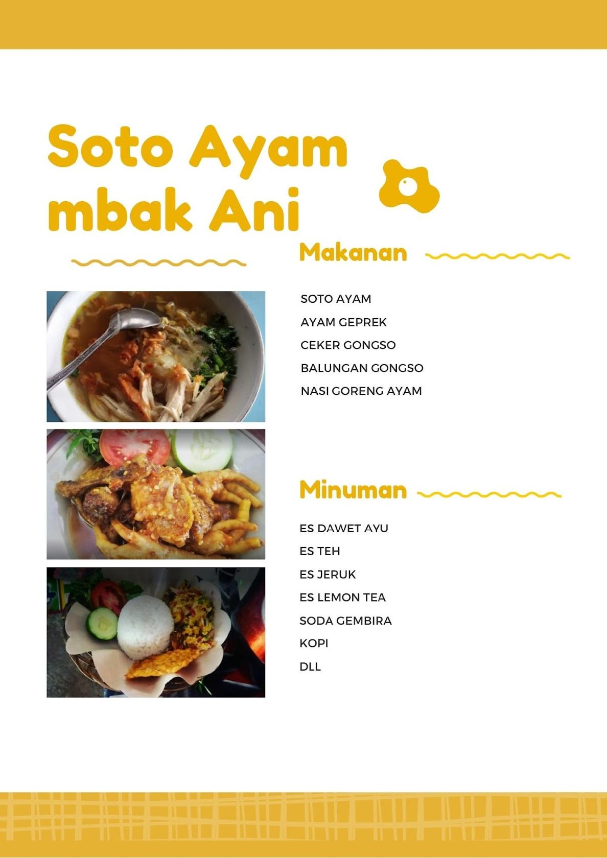 Carta del restaurante Soto Ayam Mbak Ani, Popongan