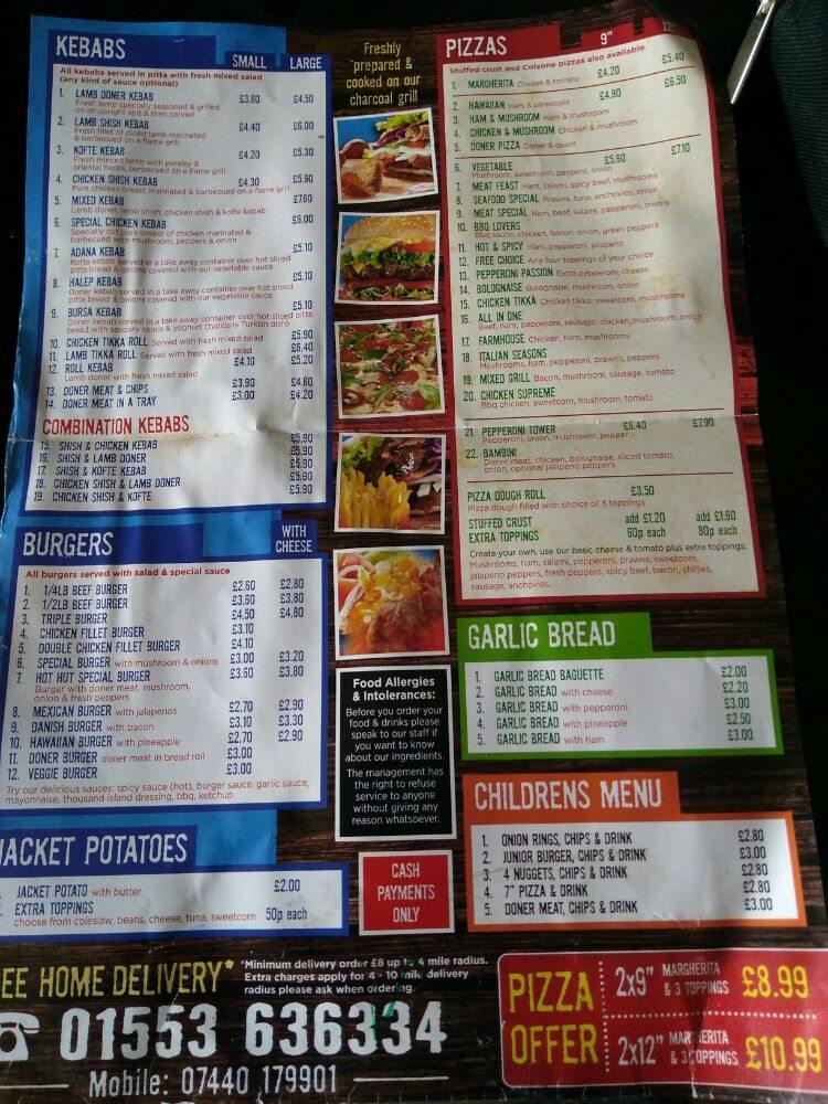 Menu at The Hot Hut pizzeria, Grimston, White house service station