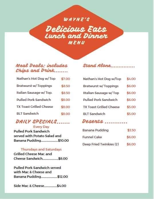 Menu at Wayne's Delicious Eats restaurant, Strasburg