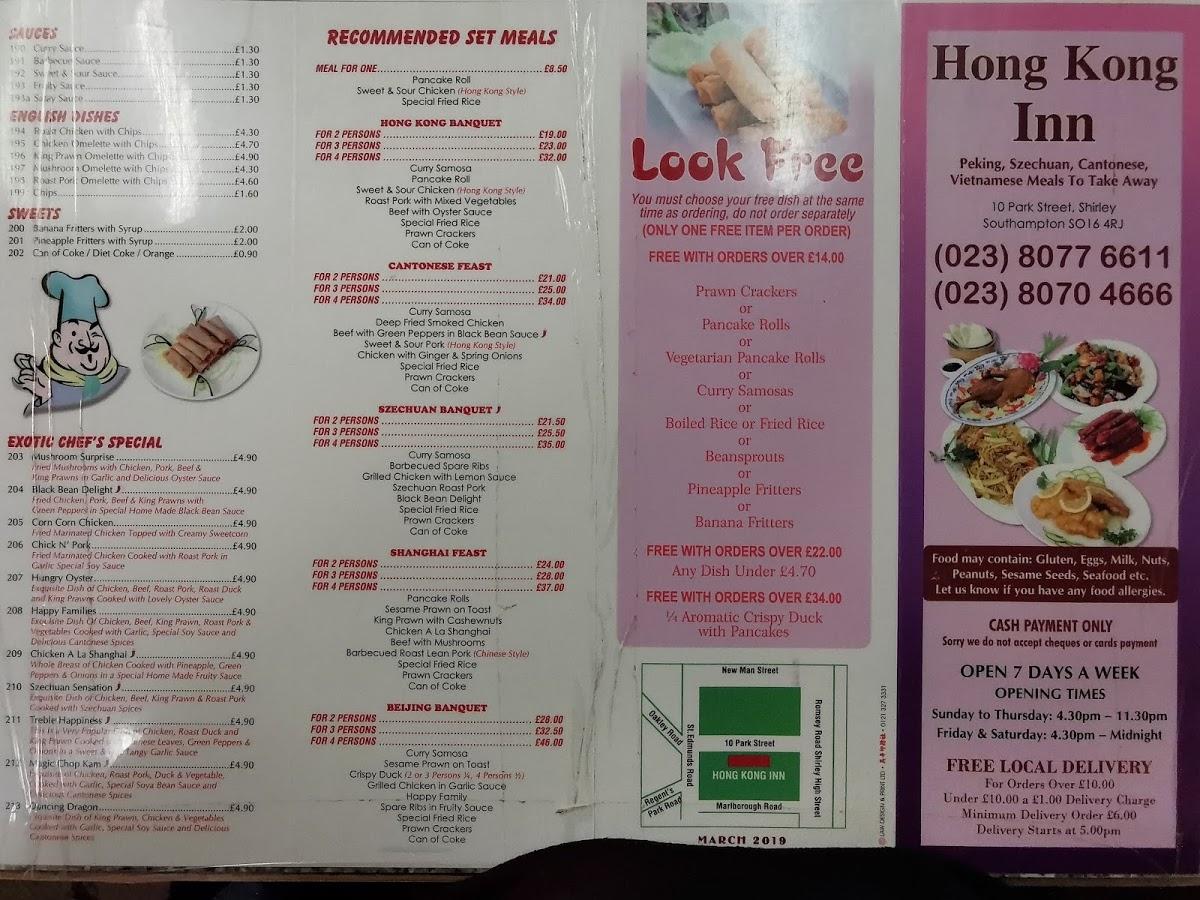 Menu at Hong Kong Inn restaurant, Southampton