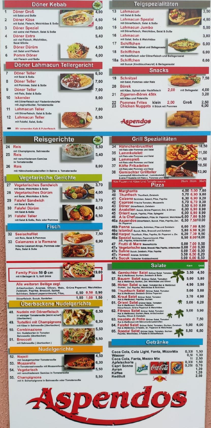 Speisekarte von Aspendos Döner restaurant, Mainz