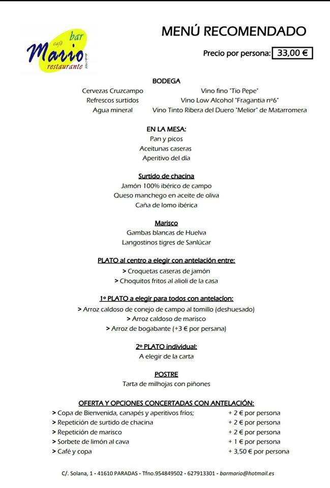 Menu at Bar Restaurante Mario, Paradas
