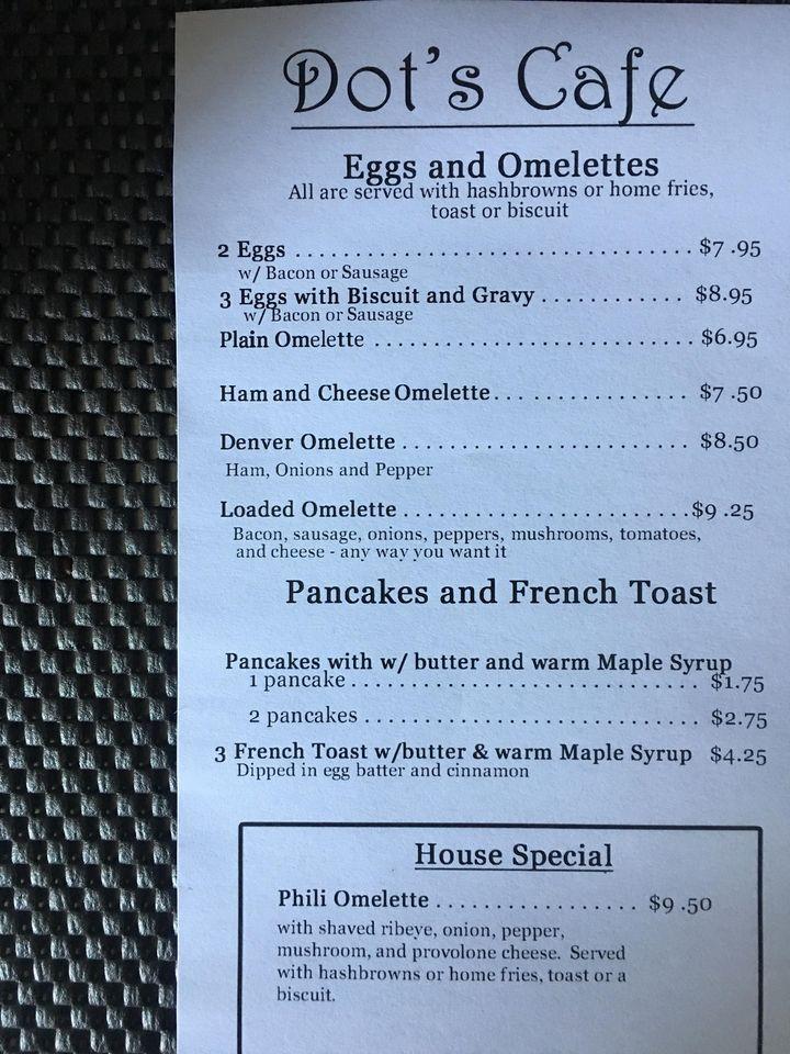 Menu at Dot's on the Hill pizzeria, Seymour