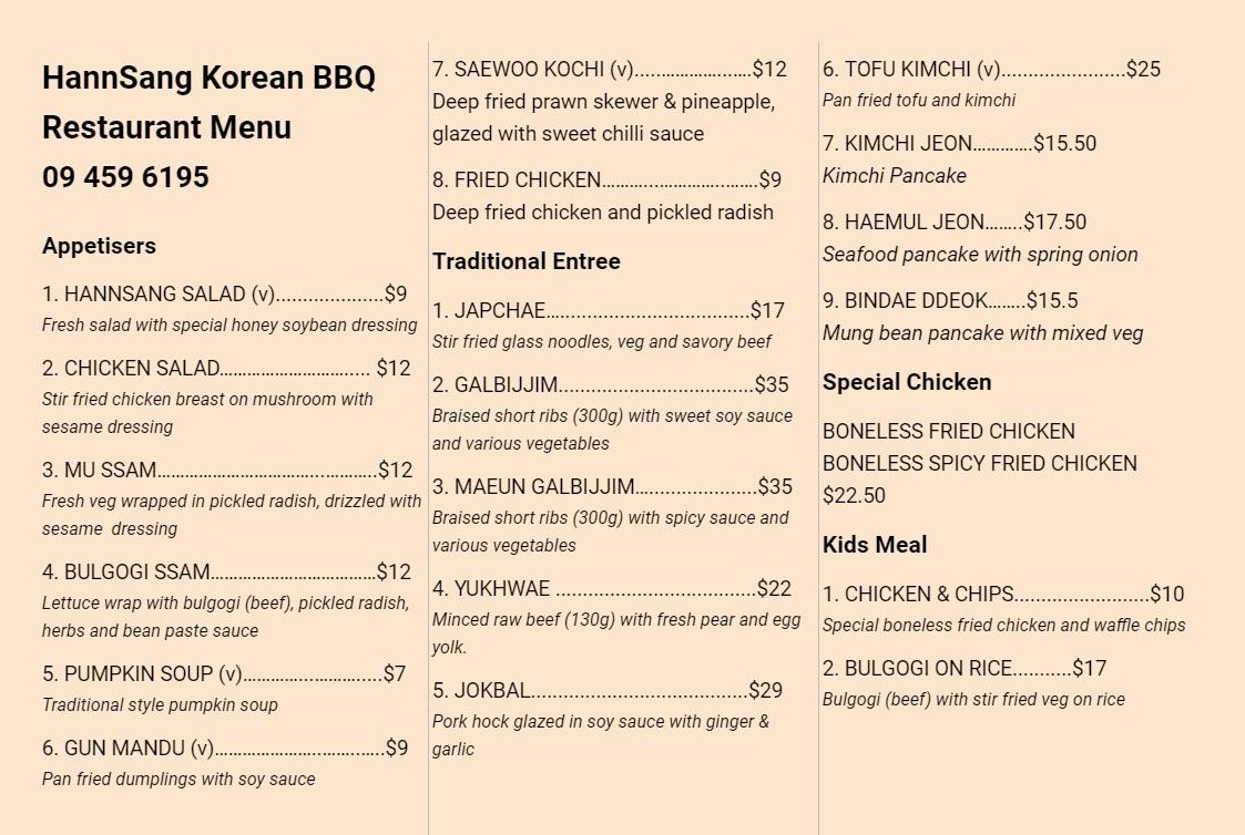 Menu at Hann Sang restaurant, Whangarei