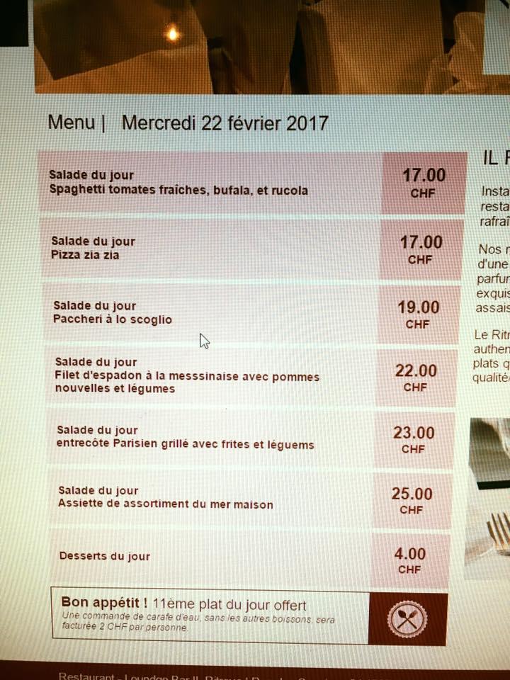 Menu da Il Ritrovo, Ginevra, Rue des Savoises 8