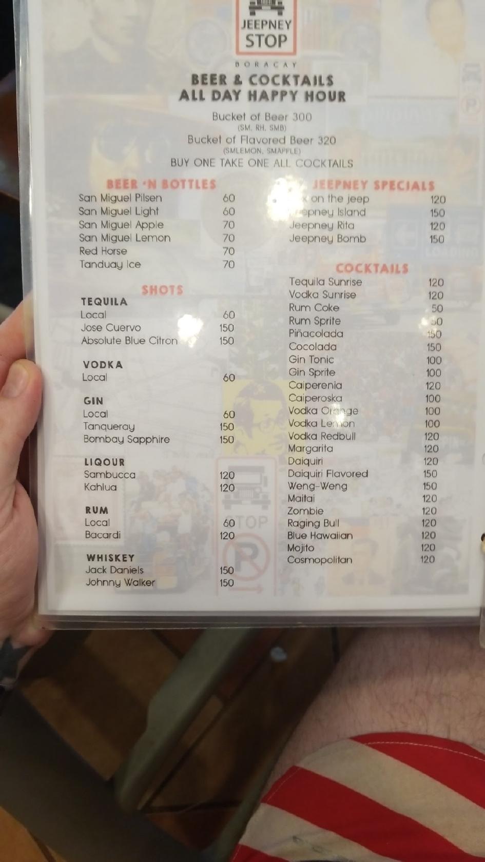 Menu at Jeepney Stop Boracay restaurant, Malay