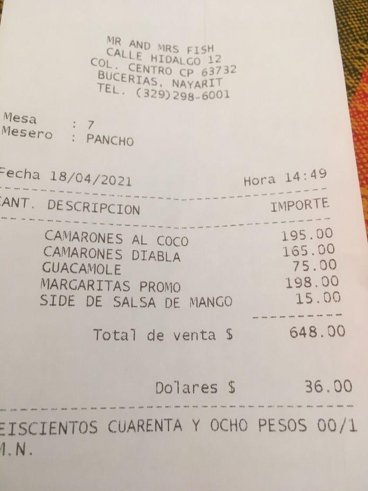Menu at Mr. & Mrs. Fish restaurant, Bucerías