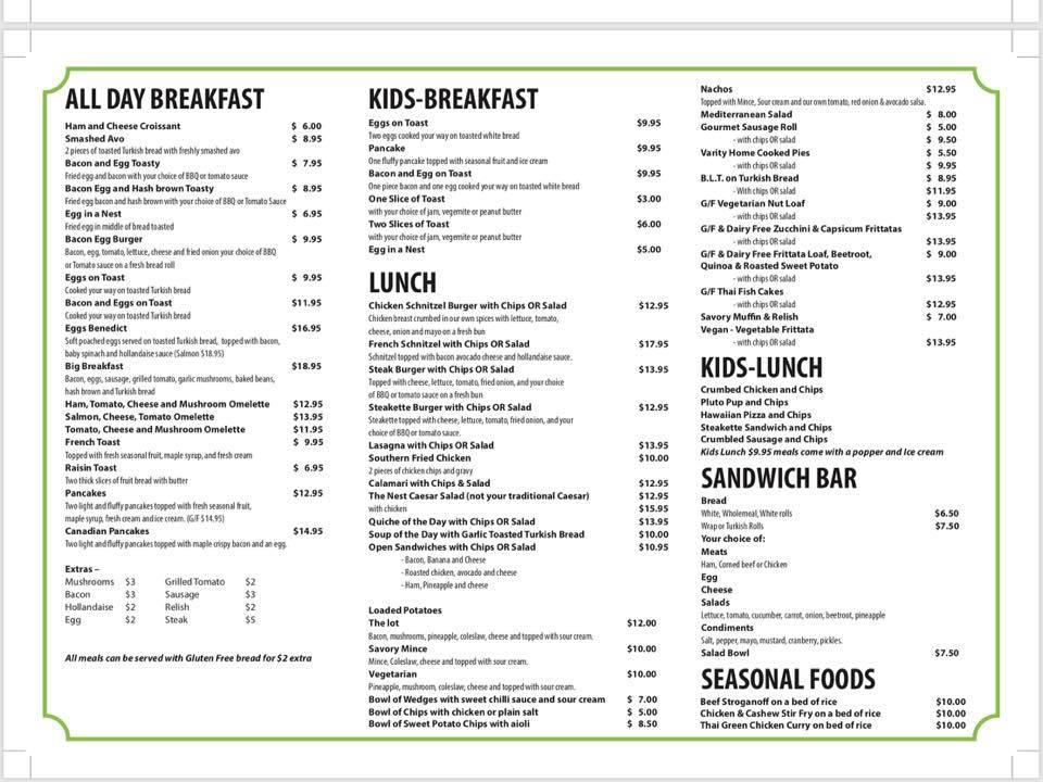 Menu at The Nest Cafe, Crows Nest