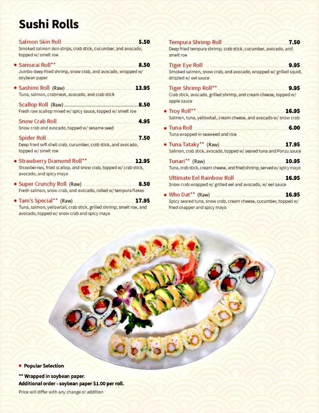 Menu at Samurai Sushi Bar Two, Broussard