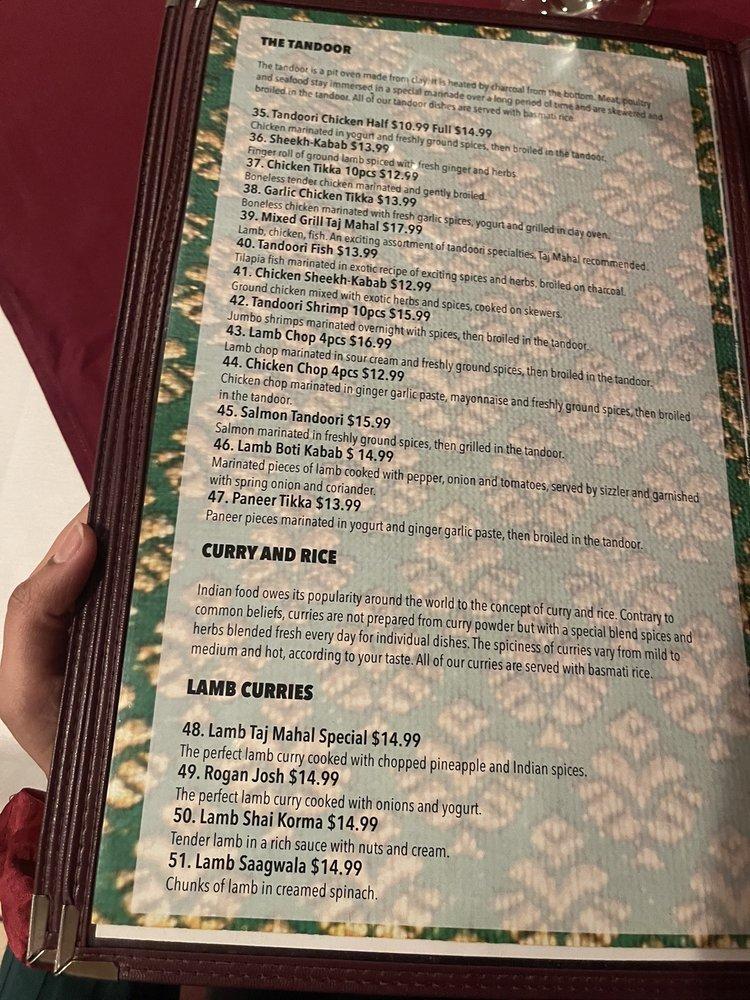 Menu at Taj Mahal Grill restaurant, Kennesaw