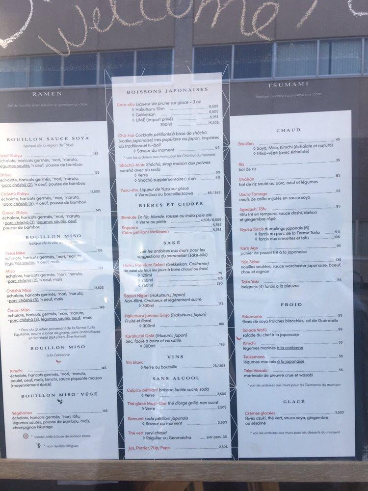 Menu at Tora-Ya Ramen restaurant, Québec City