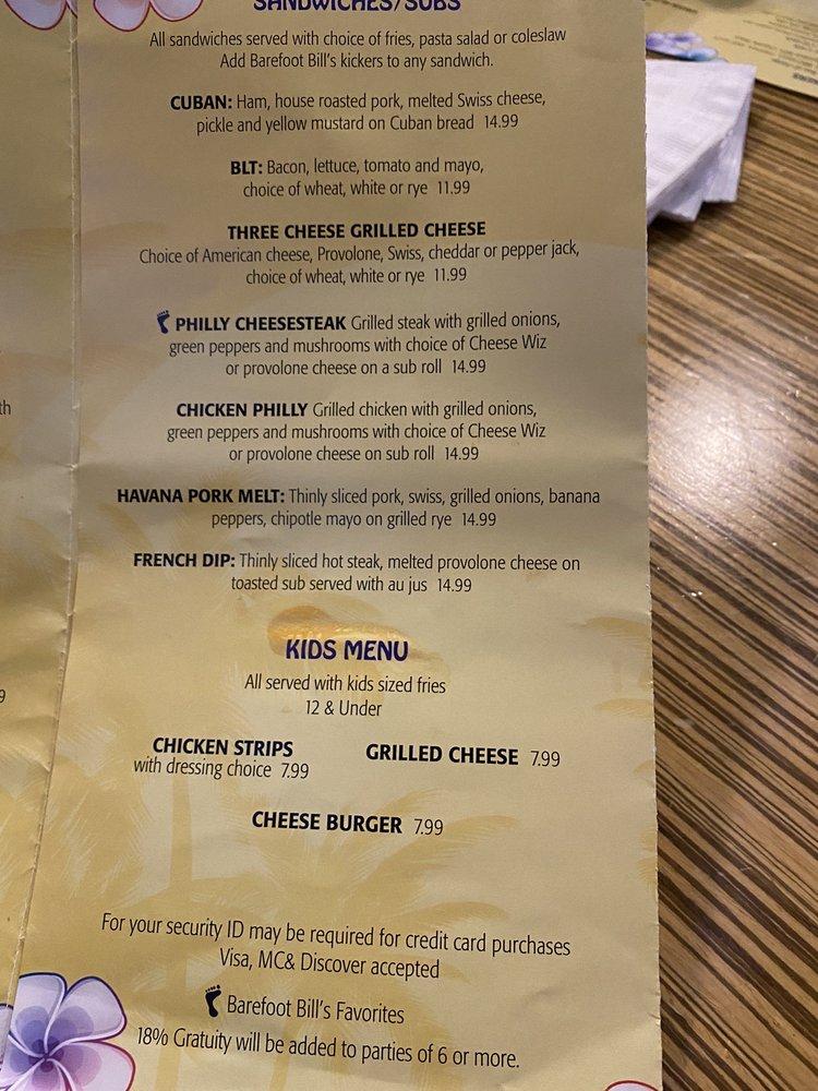 Menu at Barefoot Bill's Island Grill, St. Augustine