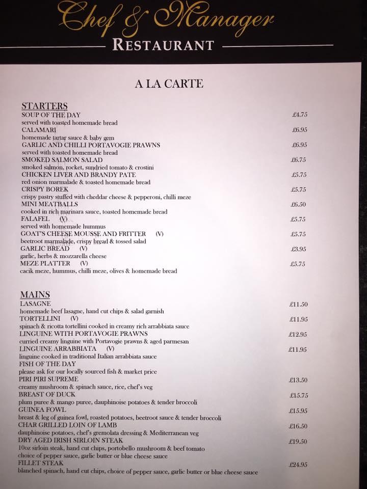 Menu at Chef and Manager restaurant, Newtownards