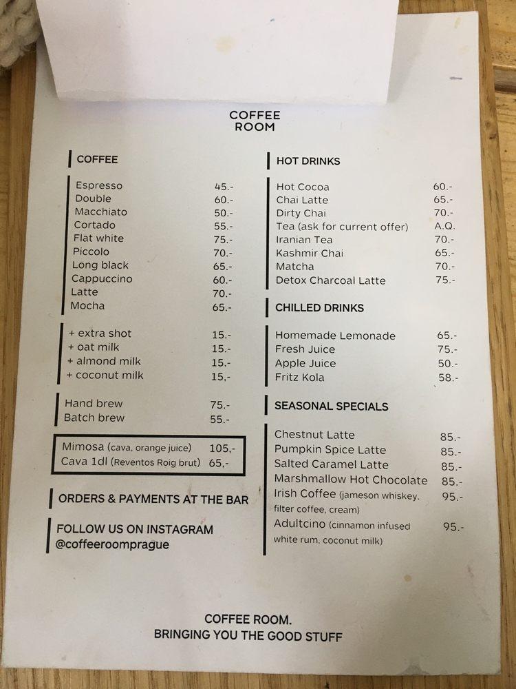 Menu at Coffee Room cafe, Prague