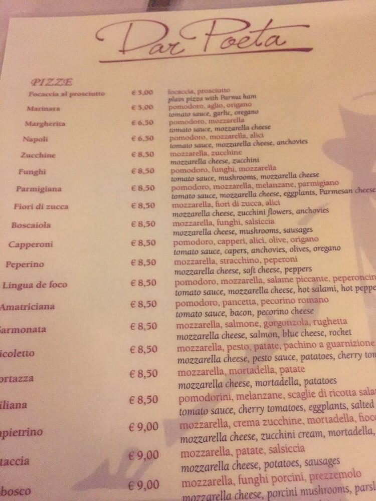 Menu at Pizzeria Dar Poeta, Rome, Vicolo del Bologna