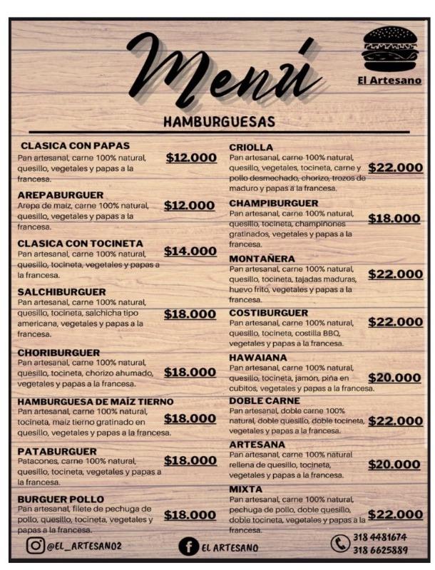 Menu at El artesano sede piedra pintada restaurant, Ibagué