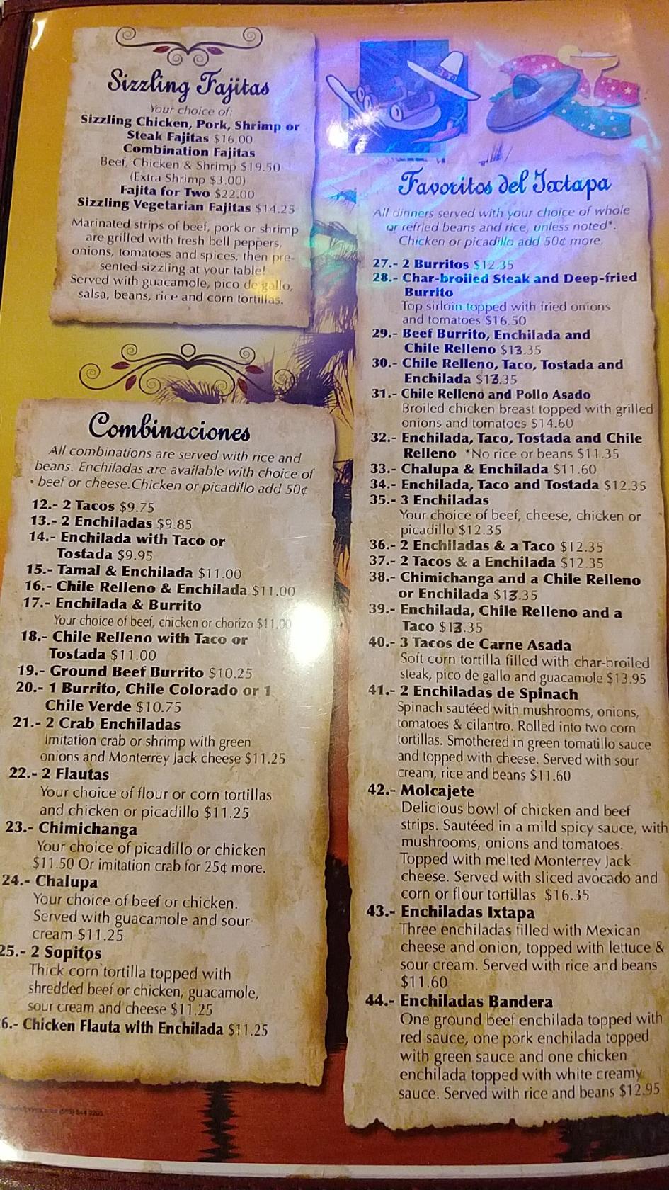 Menu at Ixtapa restaurant, Silverton