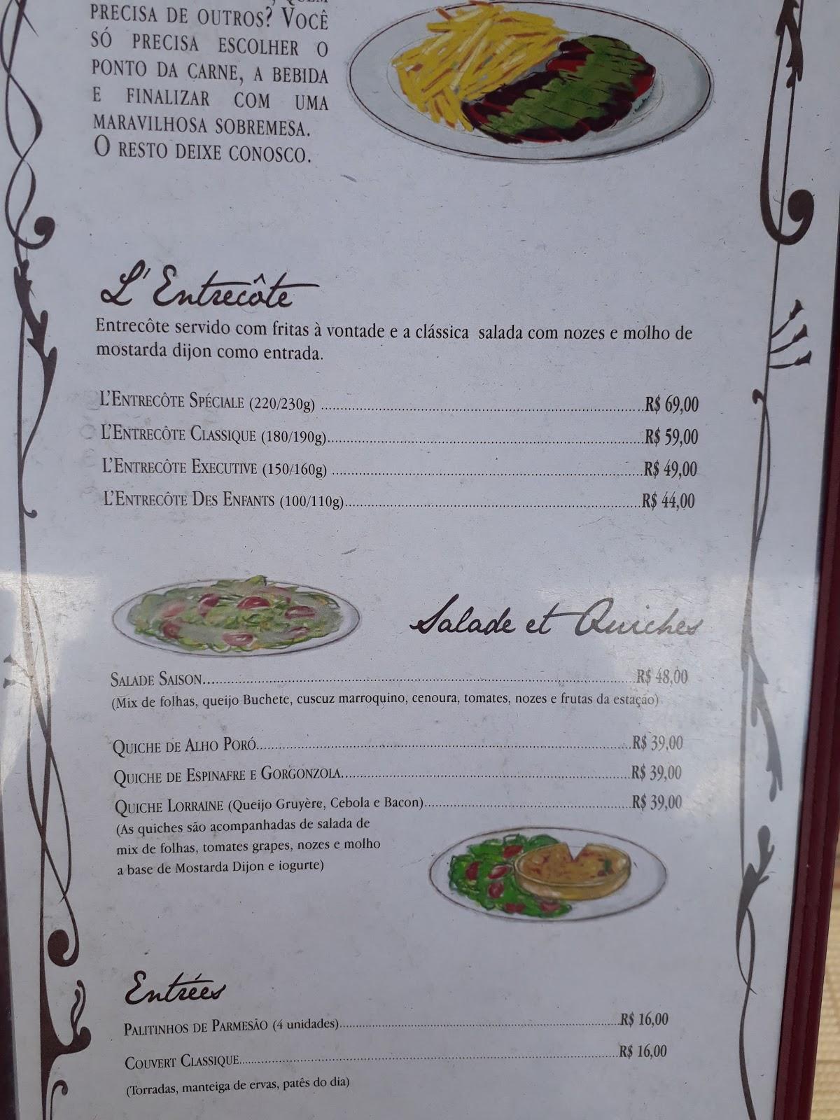 Menu at L'Entrecôte de Paris restaurant, Brasília