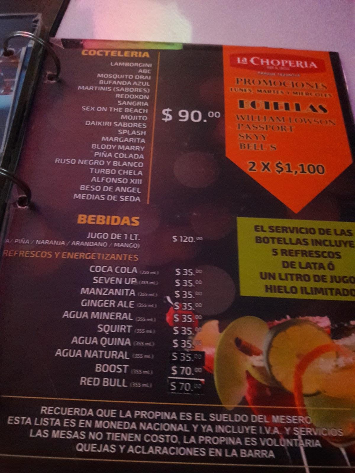 Carta del pub y bar La Choperia, Ciudad del México, Encomenderos n 70