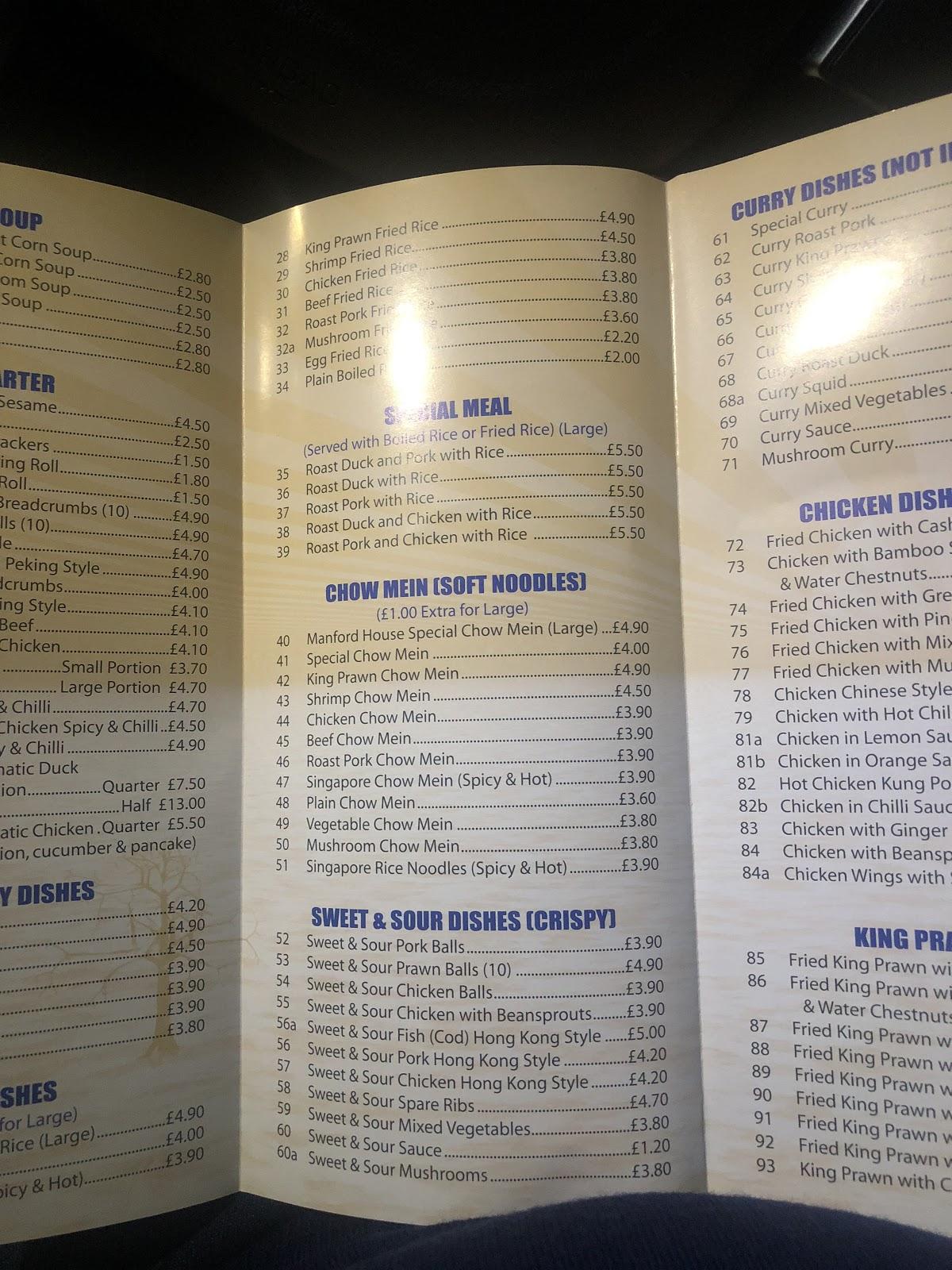 Menu at Manford House fast food, Chigwell, 163 Manford Way