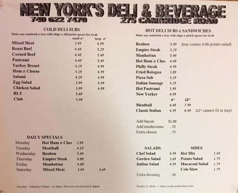 Menu at New Yorks Deli & Beverage, Coshocton