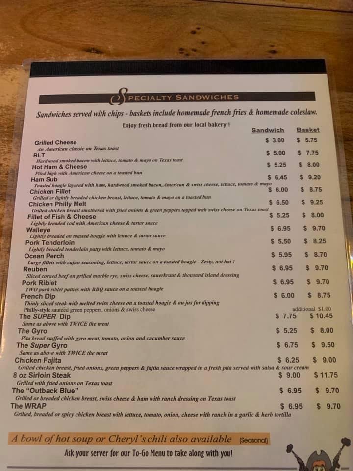 Menu at Outback Saloon & Grill pizzeria, Stanchfield