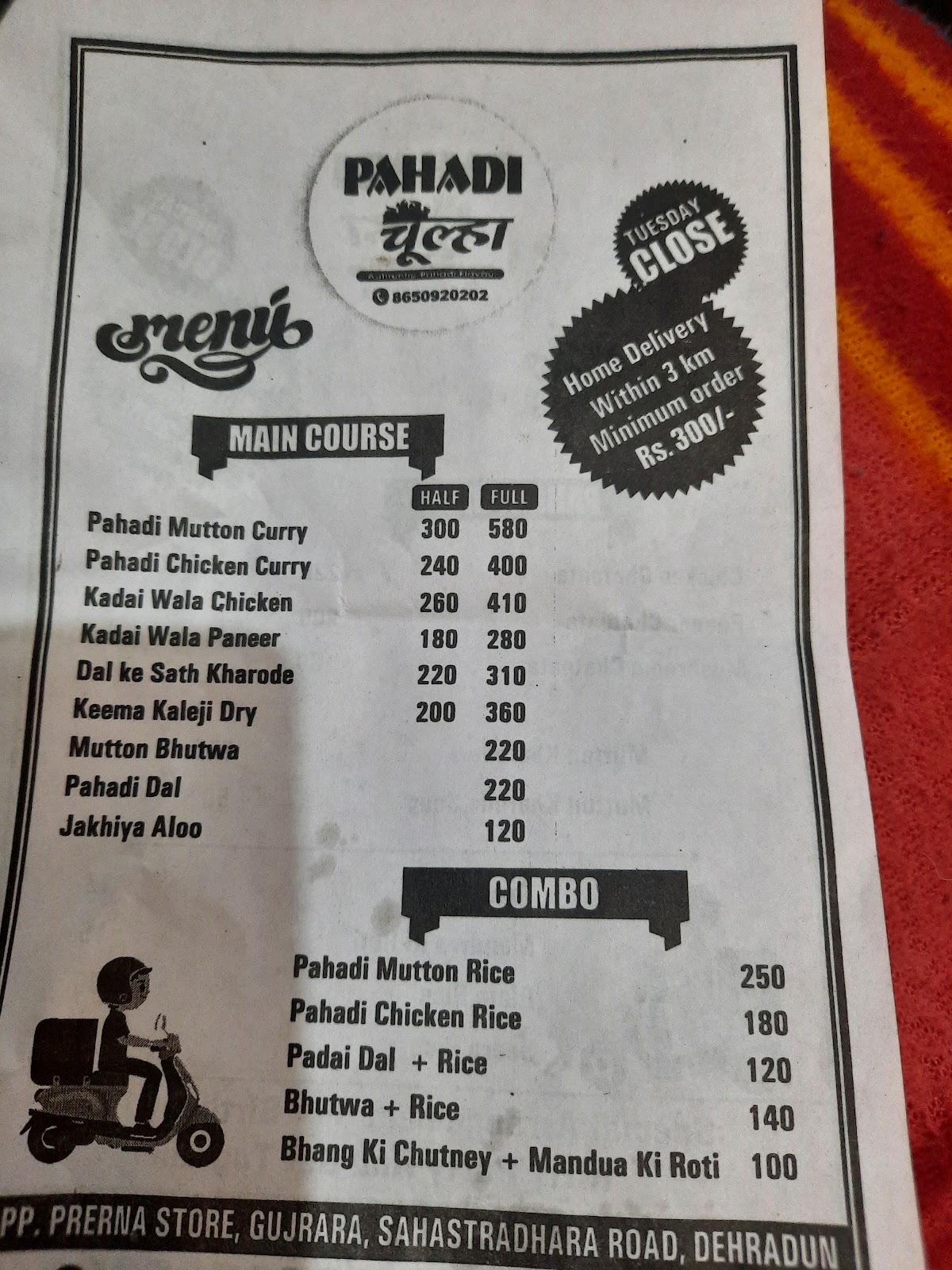 Menu at Pahadi Chulha, Dehradun