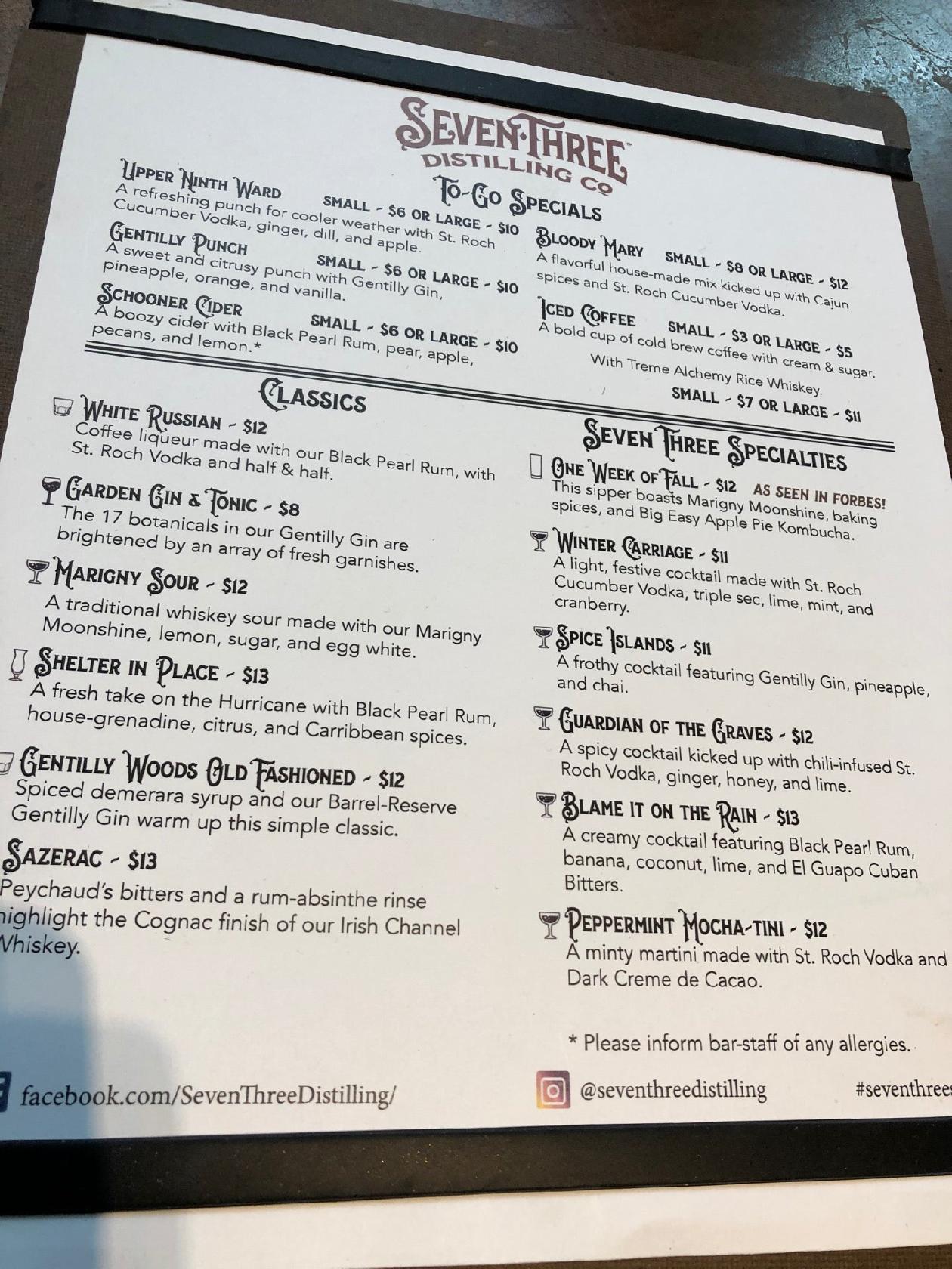 Menu at Seven Three Distilling pub & bar, New Orleans