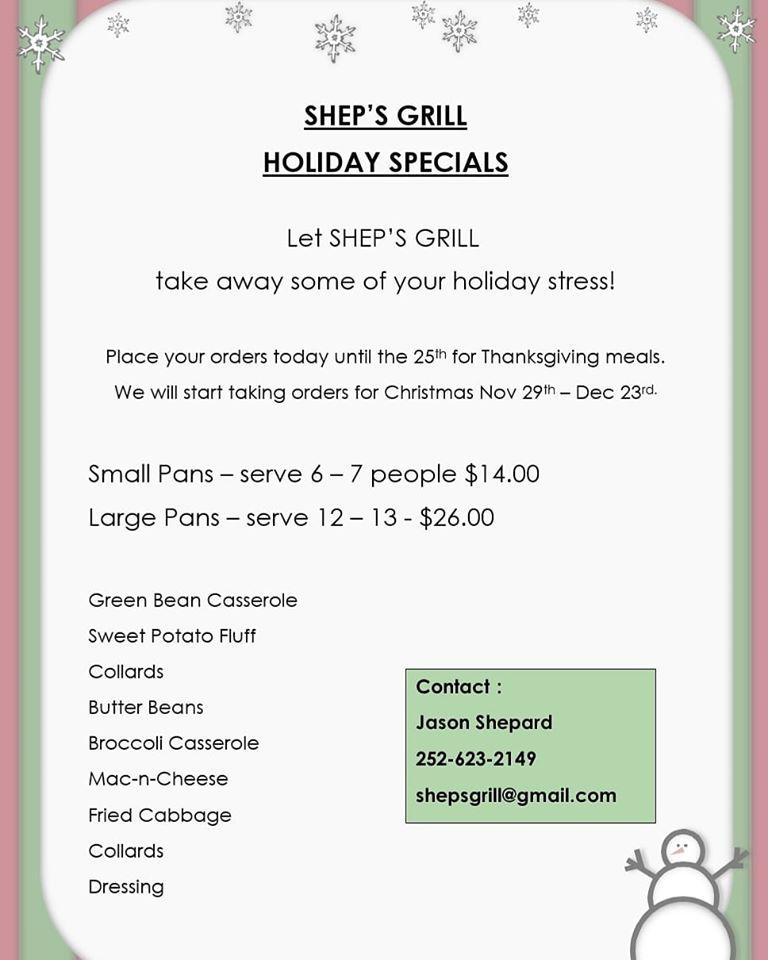 Menu at Shep's Grill restaurant, Washington
