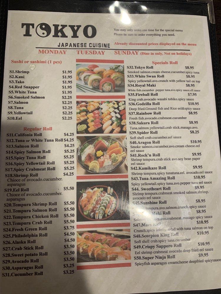Menu at Tokyo Japanese Cuisine restaurant, Wichita