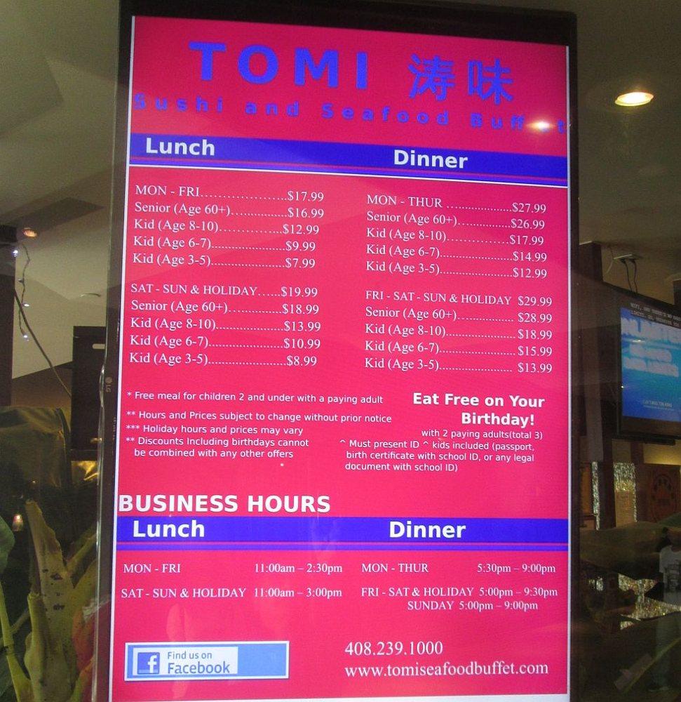 Menu at Tomi Sushi & Seafood Buffet restaurant, San Jose, Eastridge ...