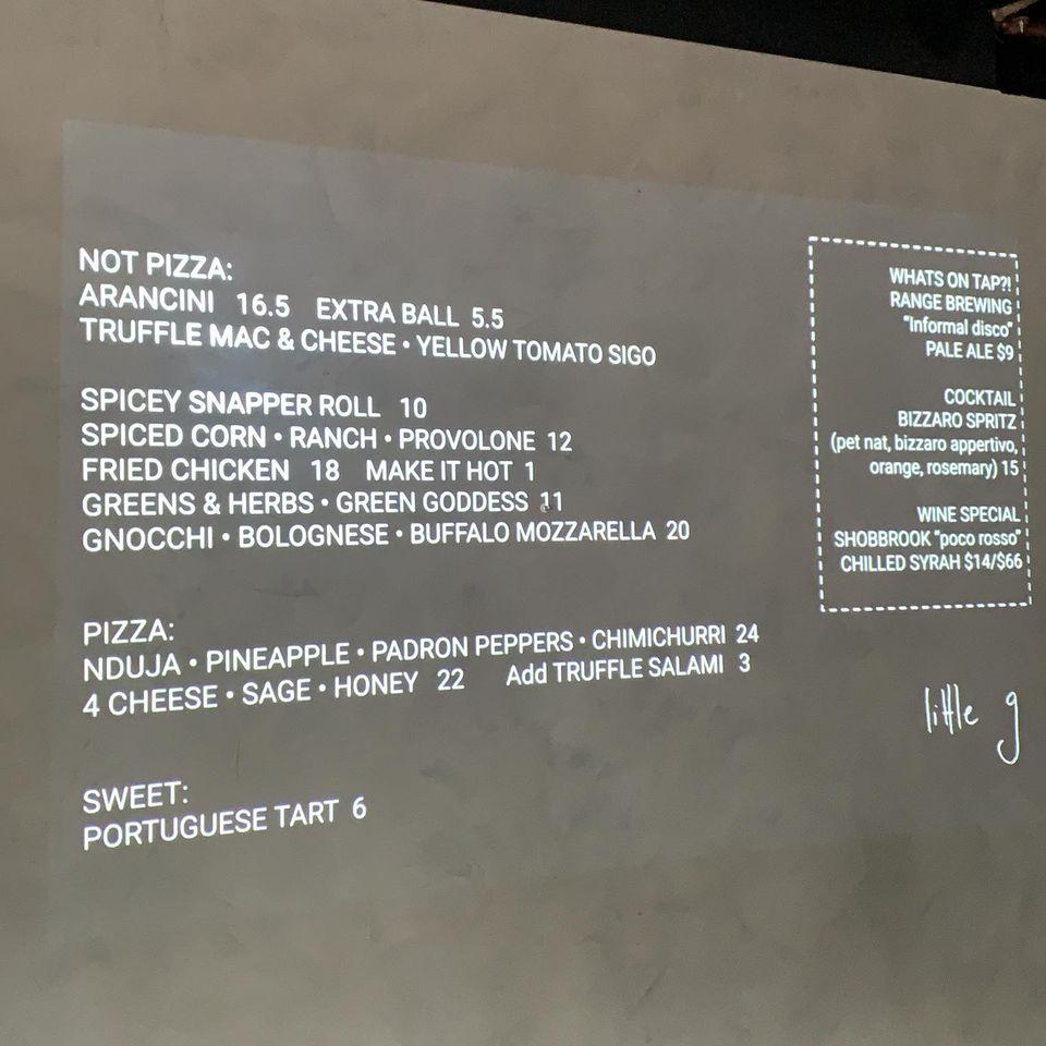 Menu at Little g restaurant, Brisbane City