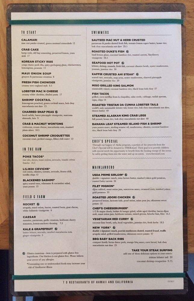 Menu at Duke's Malibu restaurant, Malibu
