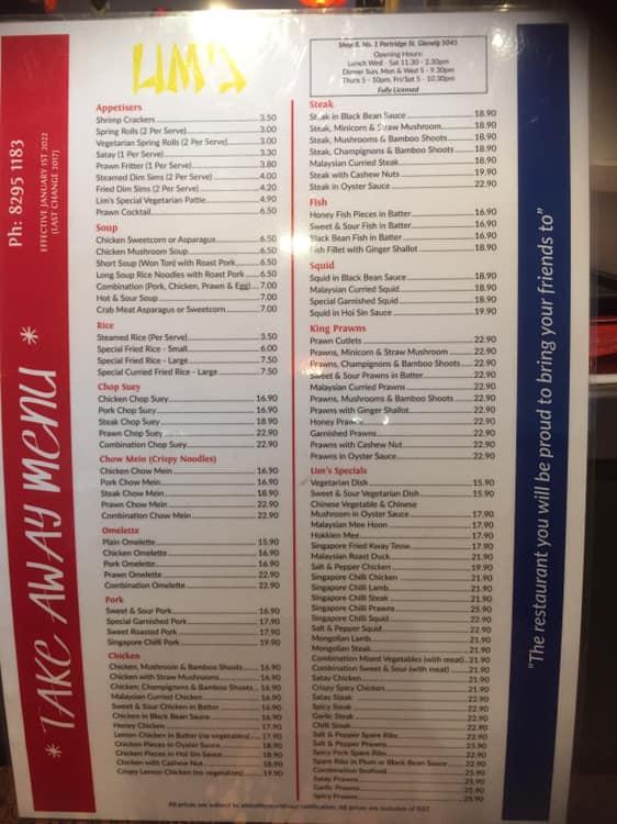 Menu at LIM'S Chinese Restaurant Glenelg, Glenelg