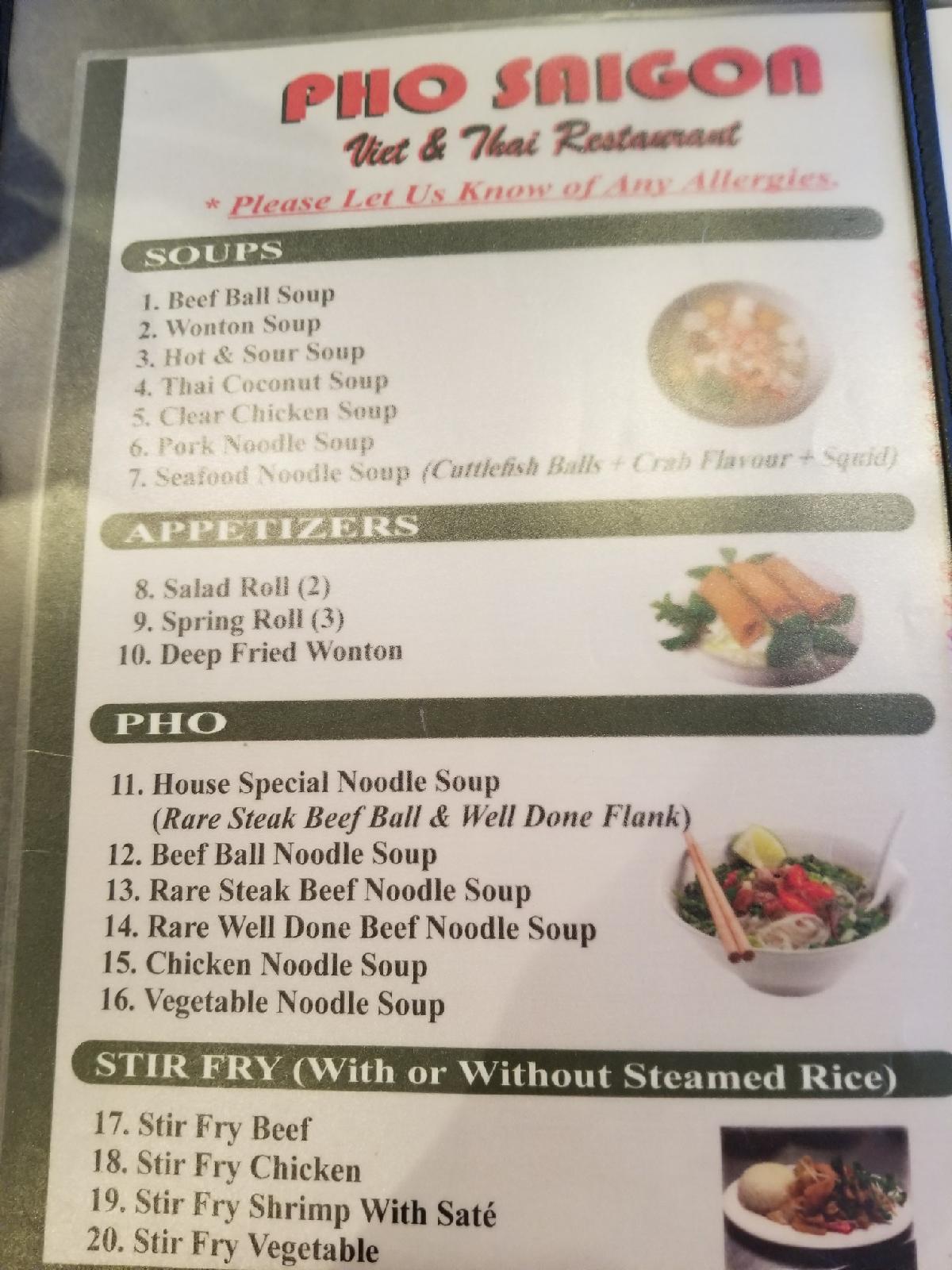 Menu at Pho Saigon restaurant, Cranbrook