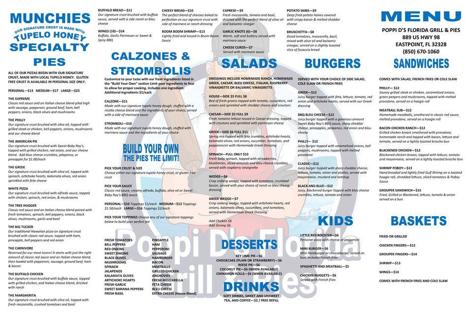 Menu at Poppi D's Florida Grill & Pies pizzeria, Eastpoint