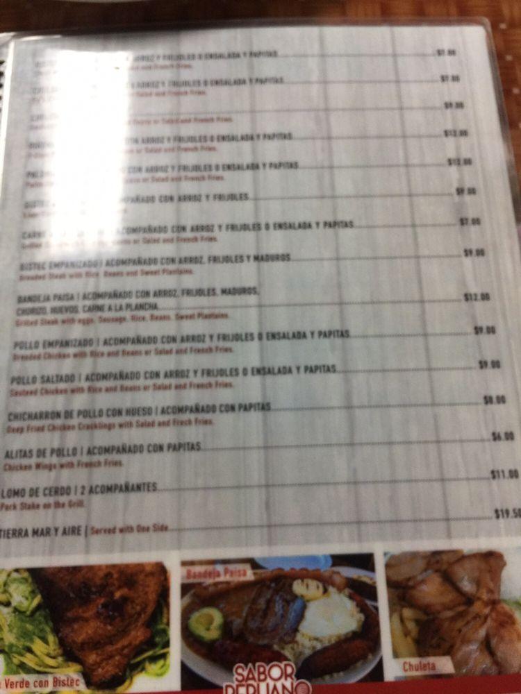 Menu at Sabor Peruano restaurant, West New York, Bergenline Ave