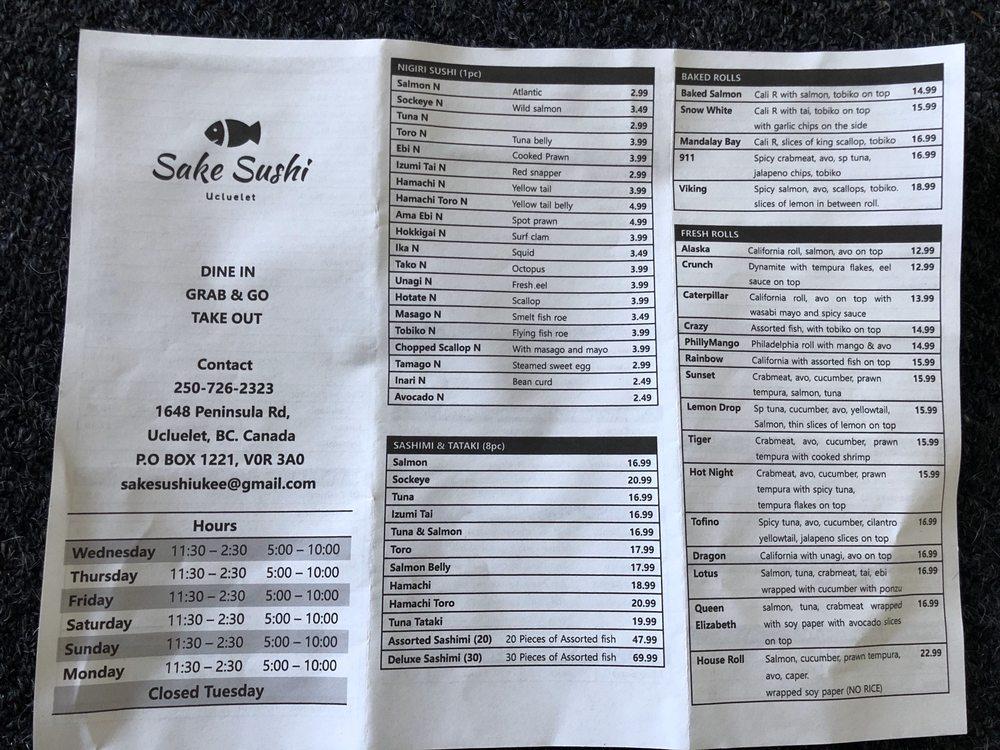 Menu at Sake Sushi restaurant, Ucluelet