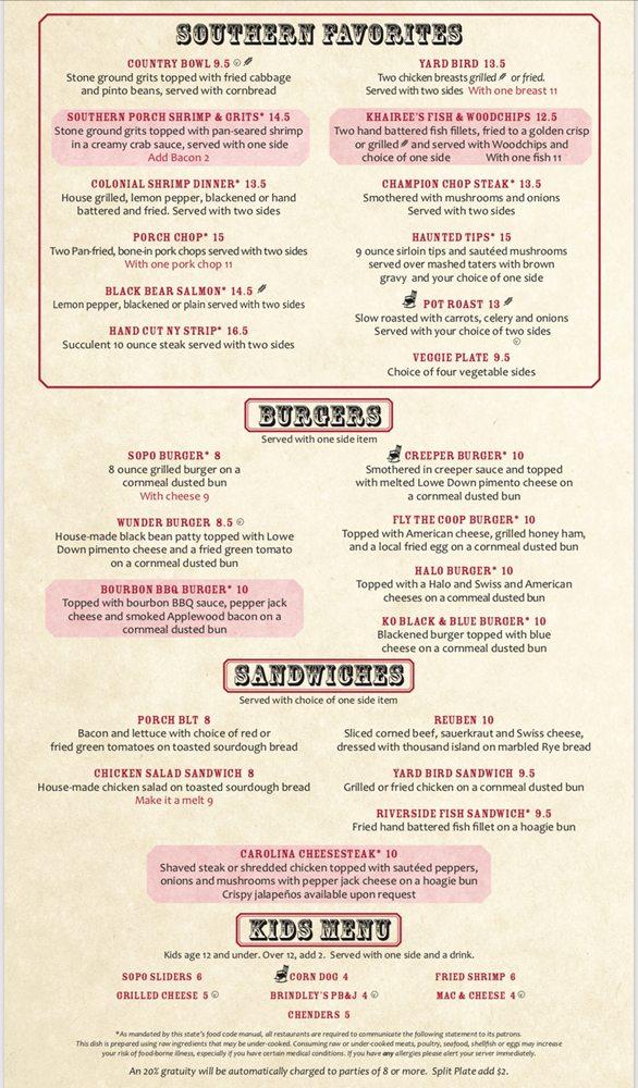 Menu at Southern Porch pub & bar, Canton