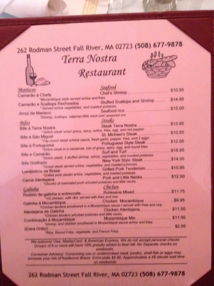 Menu at Terra Nostra Restaurant, Fall River