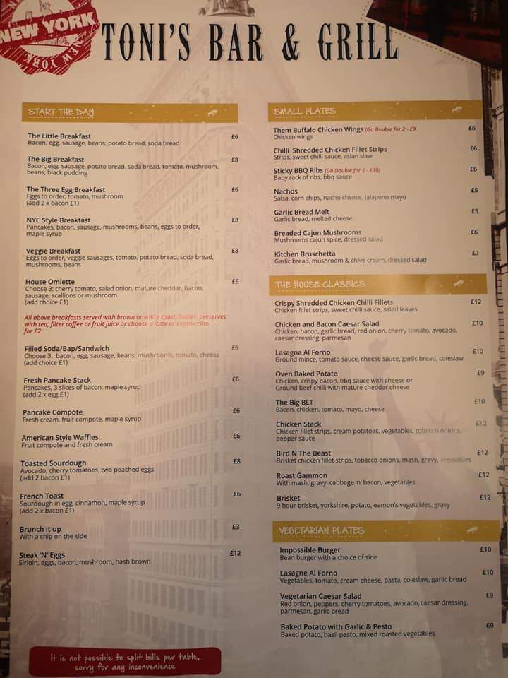 Menu at Toni's Bar & Grill, Armagh