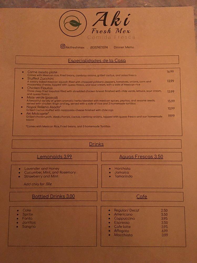 Menu at Aki Fresh Mex restaurant, Marina