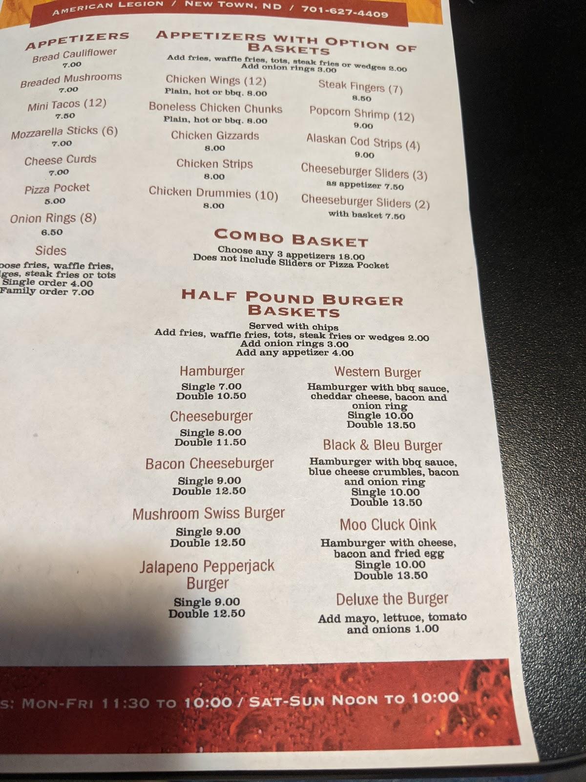 Menu at American Legion Post 290 pub & bar, New Town