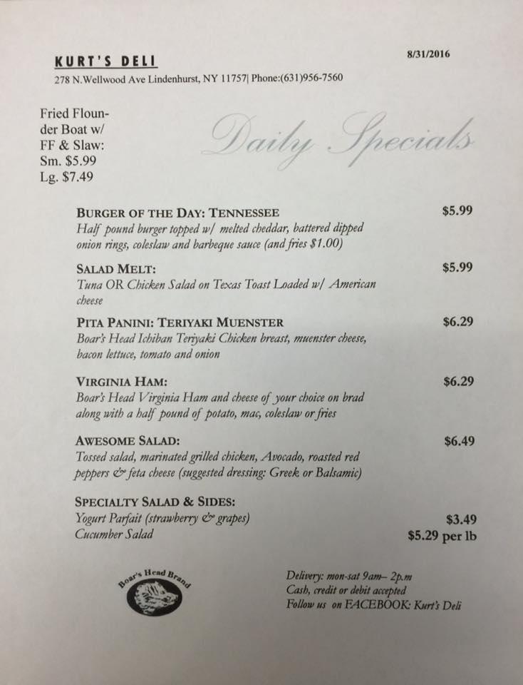 Menu at Kurt's Deli restaurant, Lindenhurst