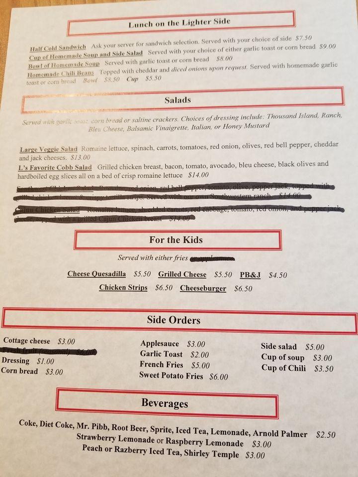 Menu at L's Kitchen cafe, Fortuna