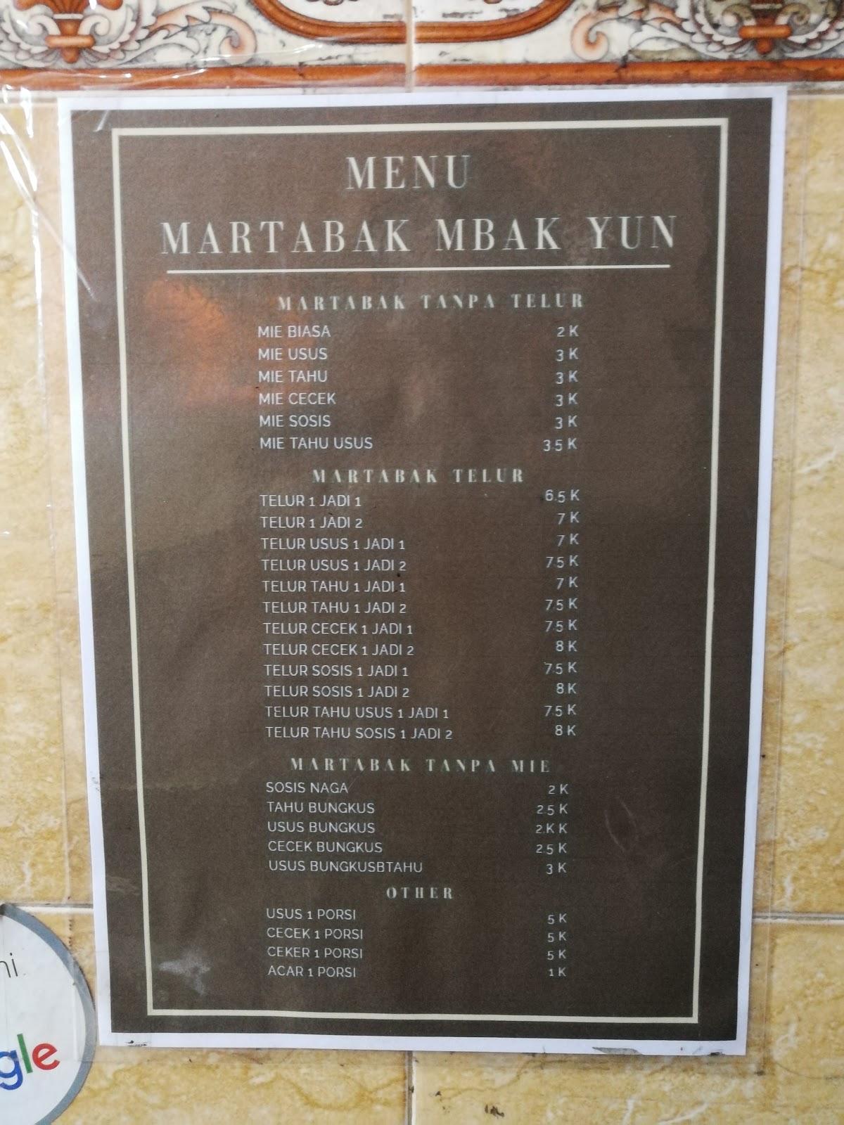 Menu at Martabak Mbak Yun restaurant, Gresik